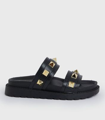 Black Studded Double Strap Chunky Sliders | New Look