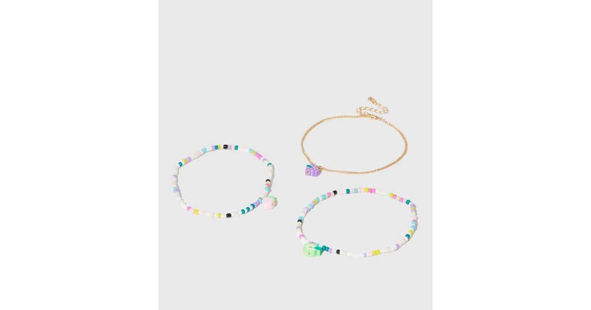 3 Pack Multicoloured Fruit Beaded Anklets | New Look