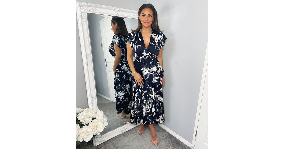 Ax Paris Blue Marble Short Sleeve Midi Wrap Dress New Look