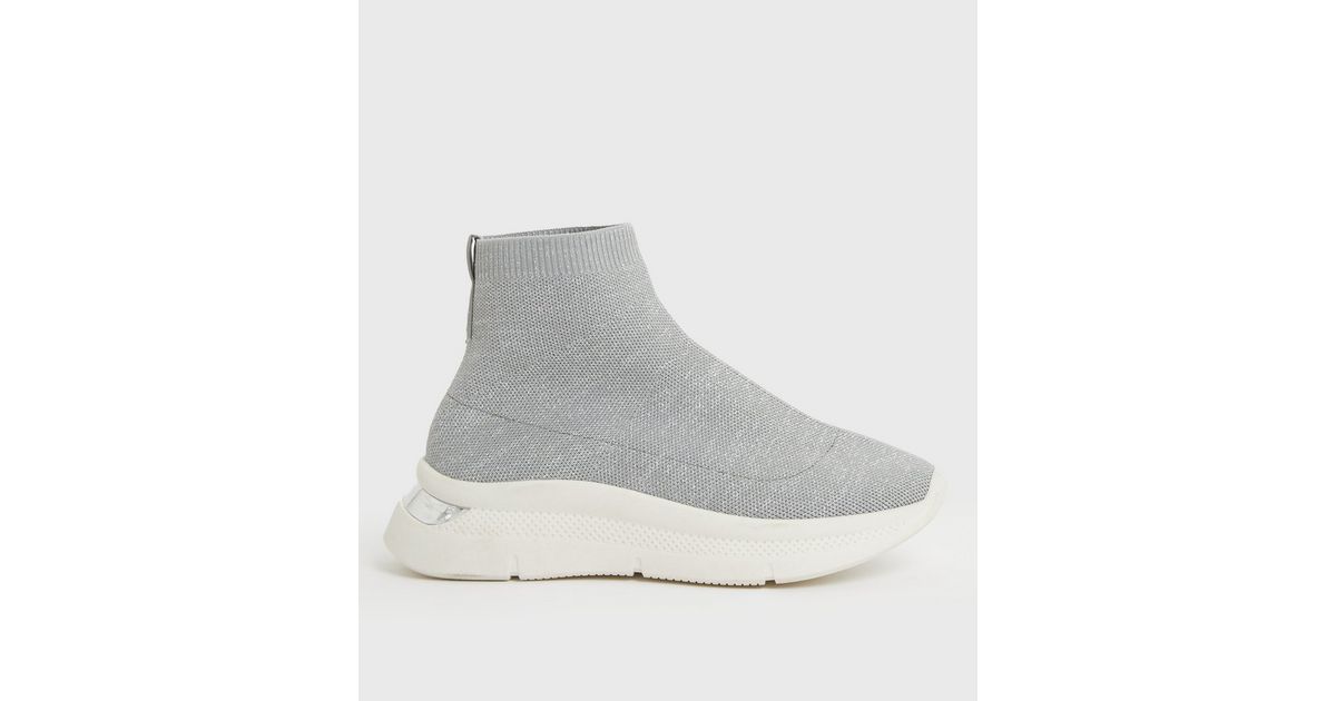 Silver Knit Metal Trim Wedge Trainers | New Look