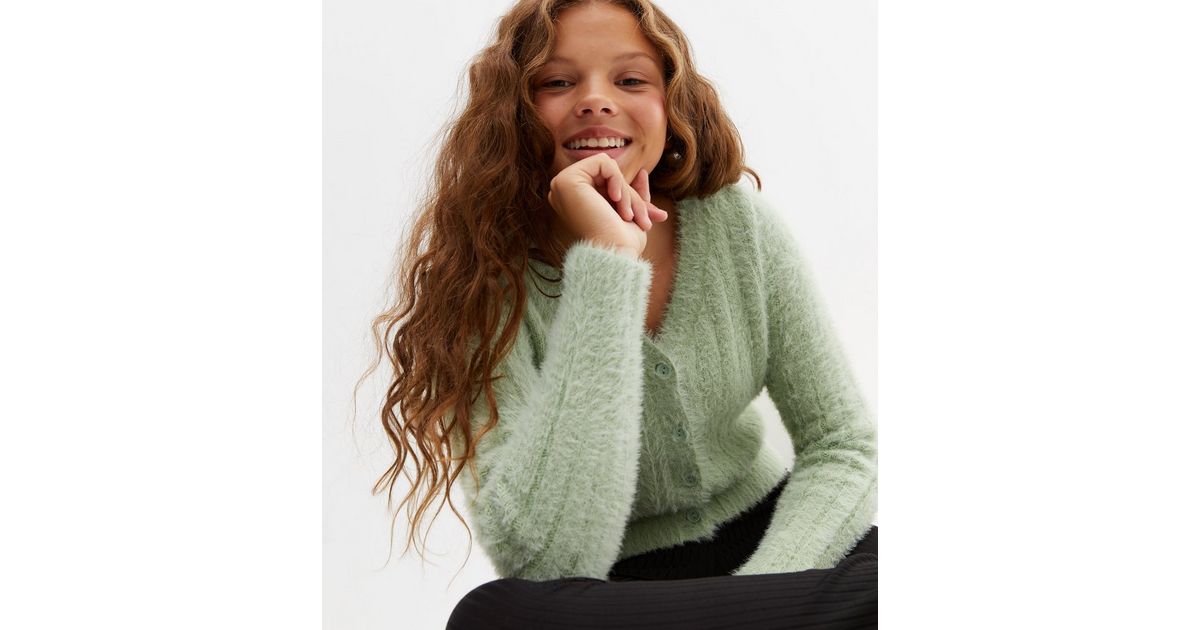 Girls Light Green Fluffy Knit Button Cardigan | New Look