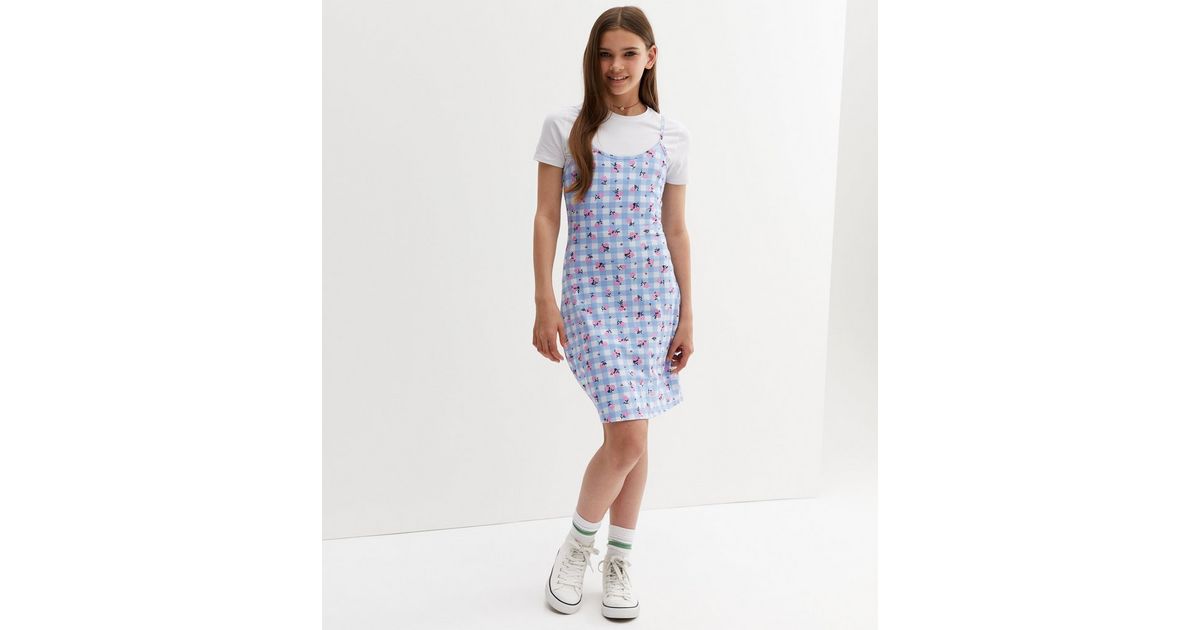 Girls Blue Floral Check 2 in 1 Dress | New Look