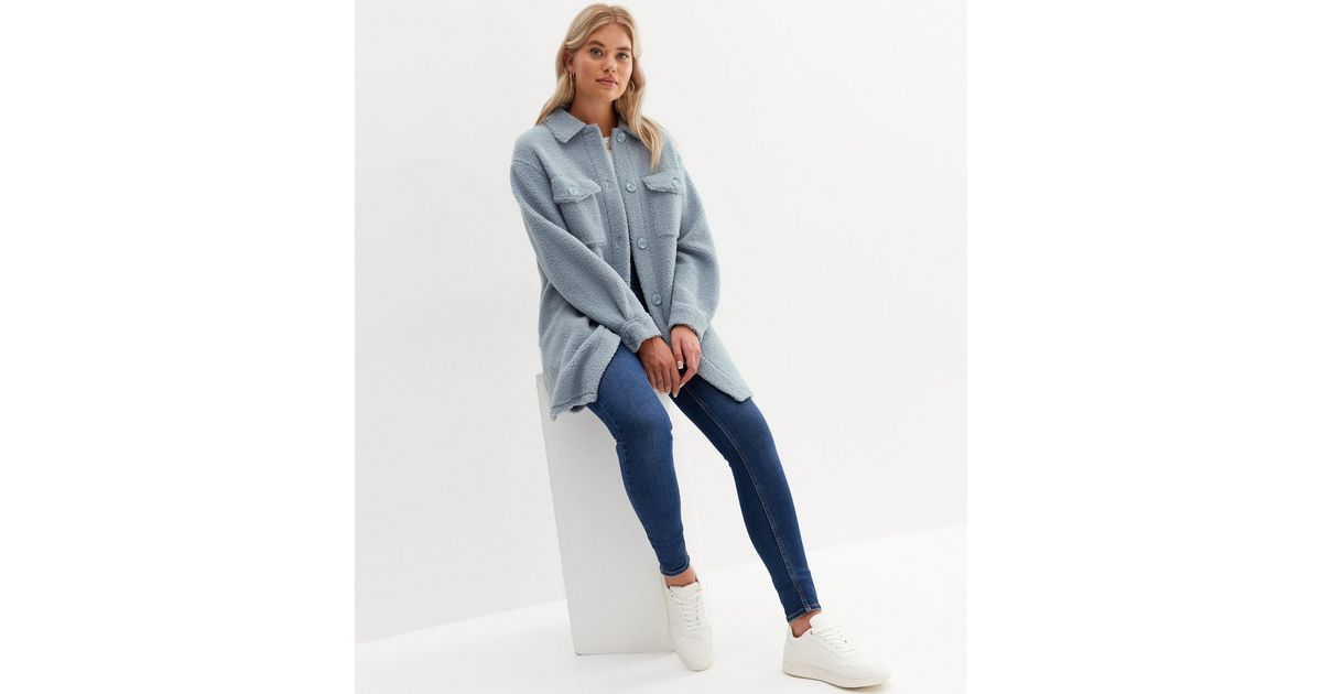 Tall Pale Blue Teddy Pocket Front Long Shacket | New Look