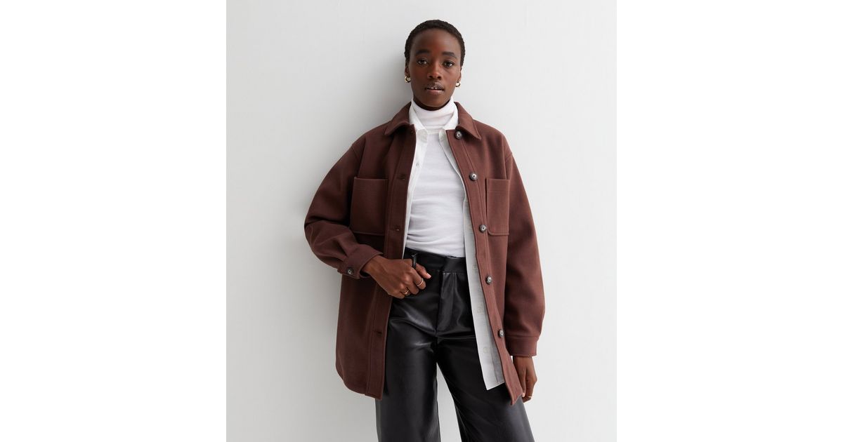 Tall Dark Brown Plain Double Pocket Front Shacket | New Look