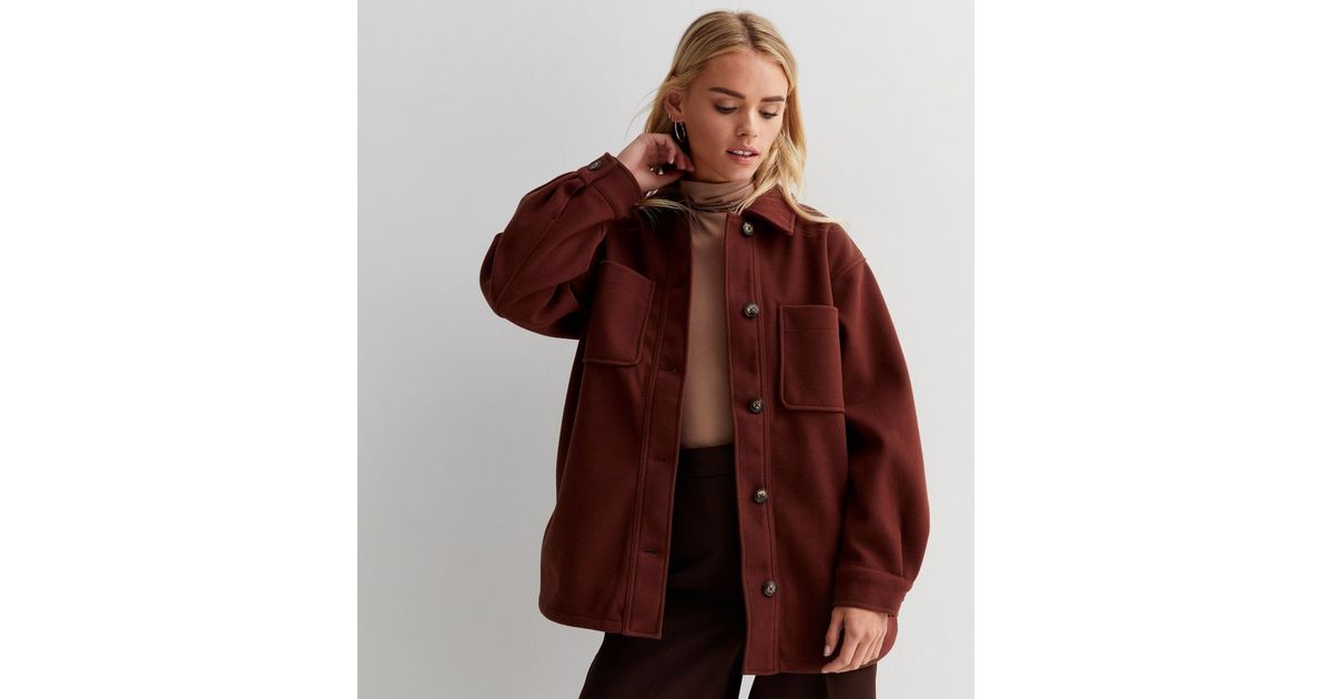 Petite Dark Brown Plain Double Pocket Shacket | New Look