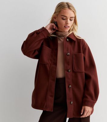 Petite Dark Brown Plain Double Pocket Shacket | New Look
