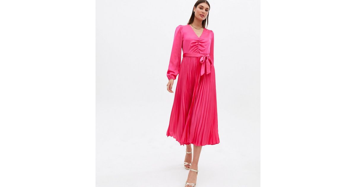 Bright Pink Satin Ruched Pleated Belted Midi Dress | New Look