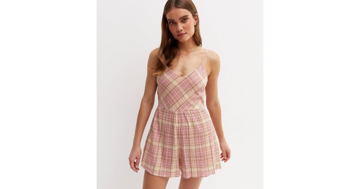 Pink Check Lace Up Back Playsuit | New Look