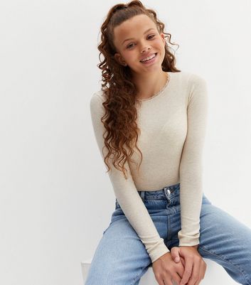 Name It Cream Ribbed Lace Trim Long Sleeve Top | New Look