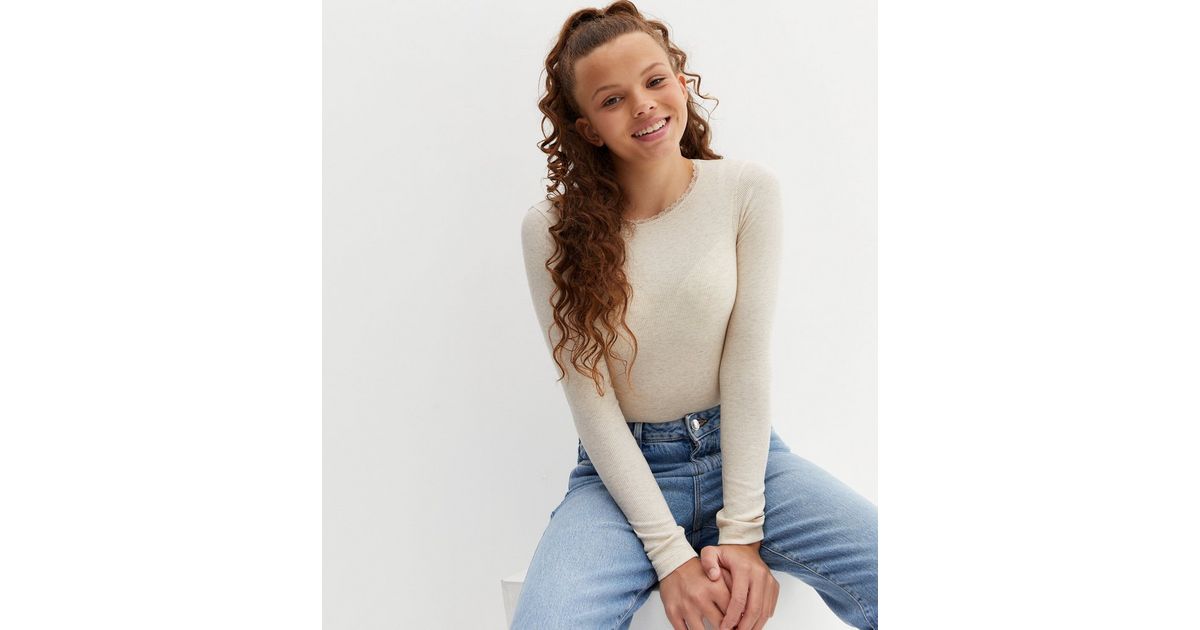 Name It Cream Ribbed Lace Trim Long Sleeve Top | New Look