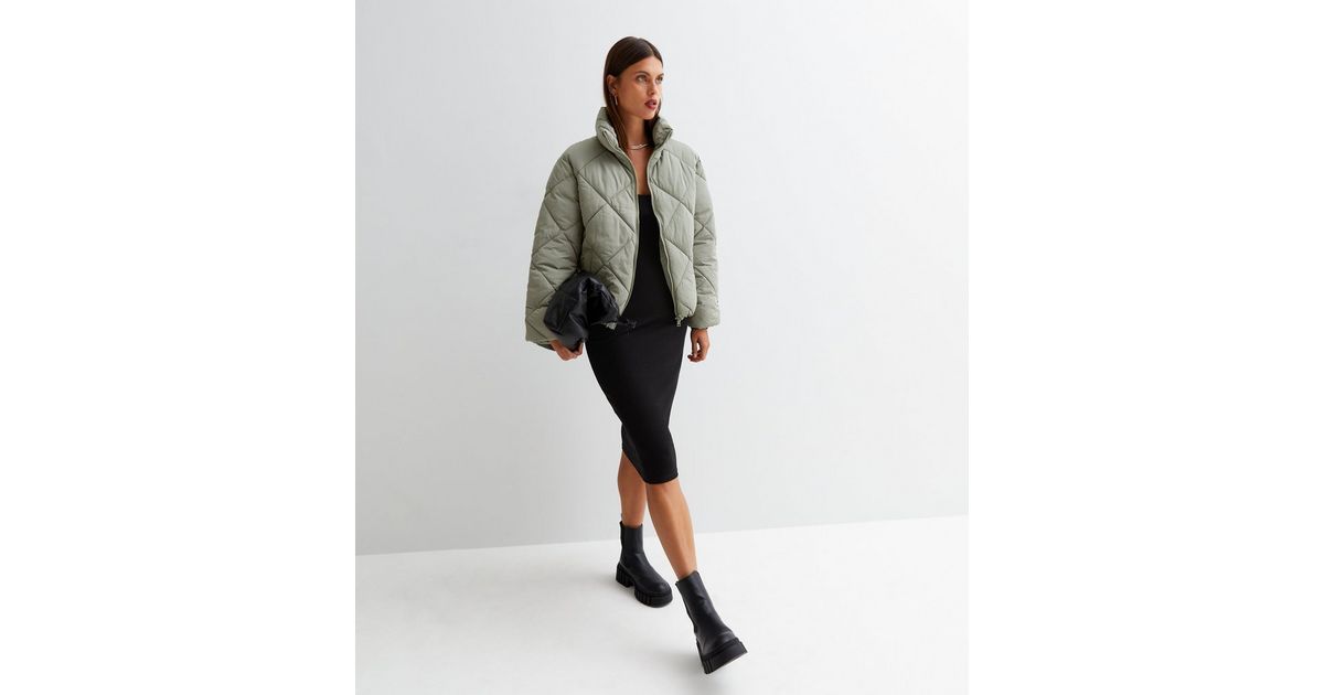 Olive Quilted High Neck Puffer Jacket | New Look