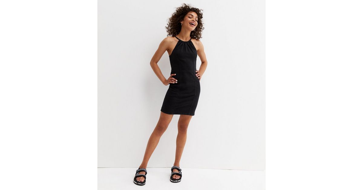 Black Denim Halter Mini Bodycon Dress | New Look