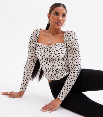 White Flocked Butterfly Mesh Ruched Top | New Look