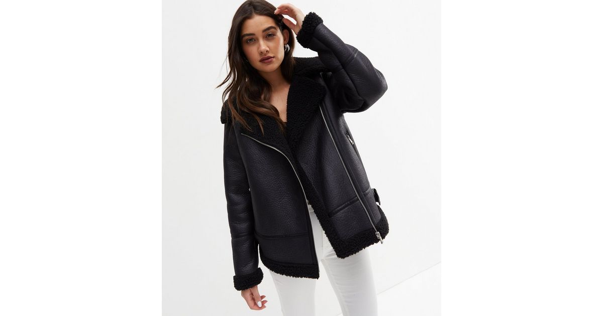 Black Leather-Look Teddy Lined Aviator Jacket | New Look