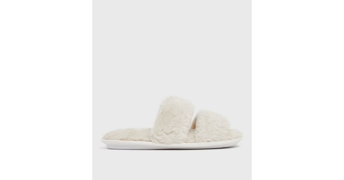 Off White Faux Fur Double Strap Slider Slippers | New Look