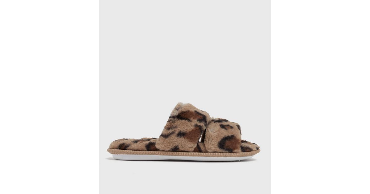 Stone Leopard Print Double Strap Slider Slippers | New Look