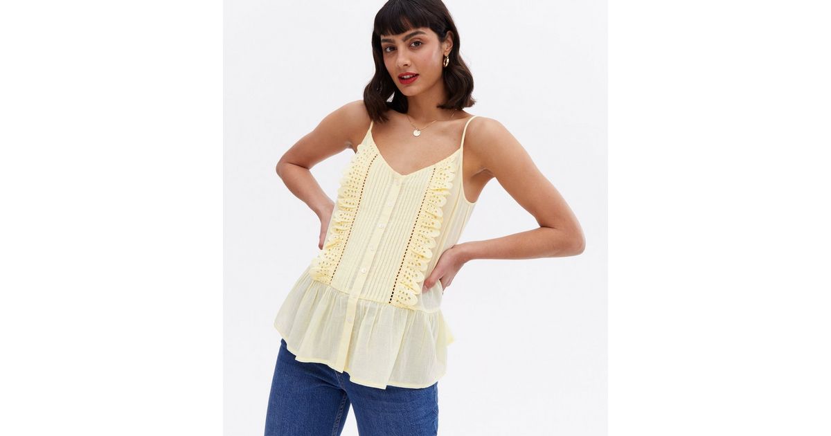 Pale Yellow Broderie Frill Peplum Cami | New Look