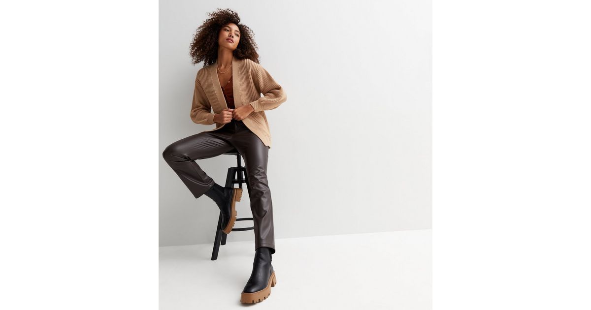 Camel Knit Long Puff Sleeve Cardigan | New Look