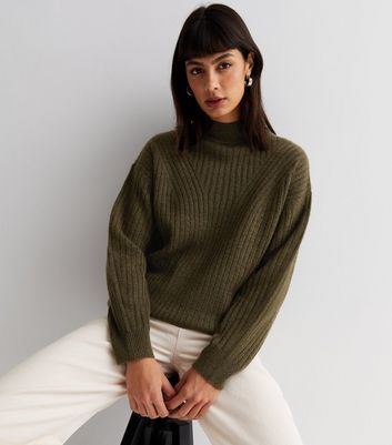 Khaki Ribbed Knit High Neck Drop Shoulder Jumper | New Look