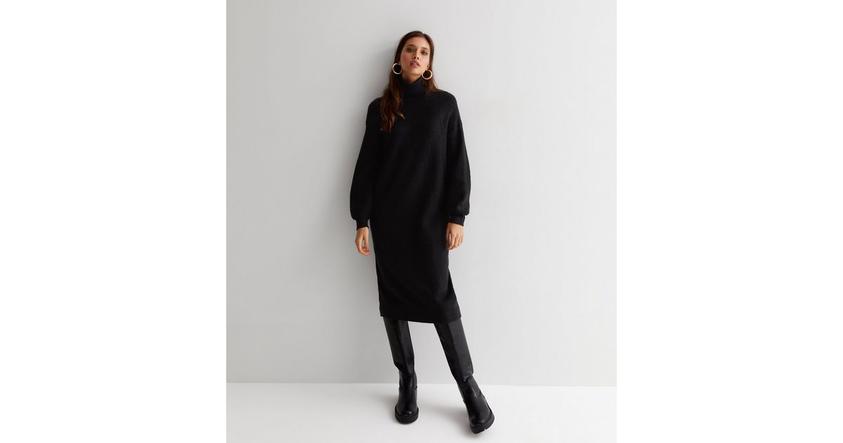 Black Ribbed Knit Roll Neck Long Sleeve Midi Dress | New Look