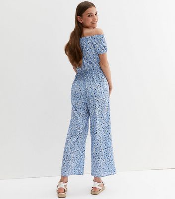Girls Blue Floral Wide Leg Bardot Jumpsuit | New Look