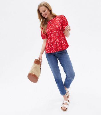 Red Floral Crepe Peplum Puff Sleeve Top | New Look