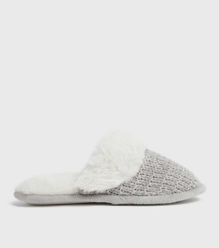 Grey Chenille Faux Fur Lined Mule Slippers | New Look
