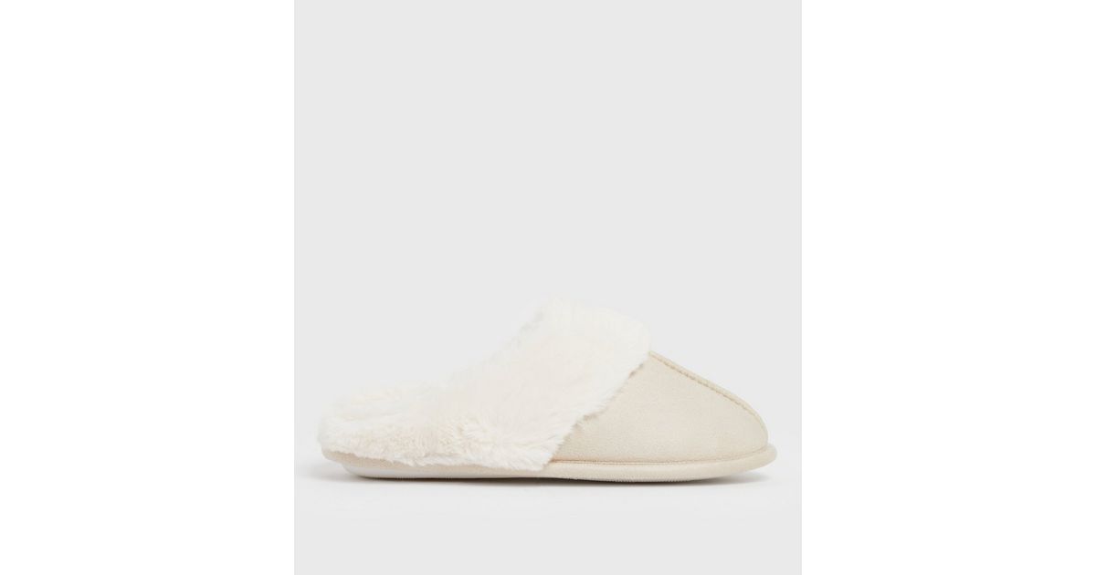 Stone Suedette Faux Fur Lined Mule Slippers | New Look