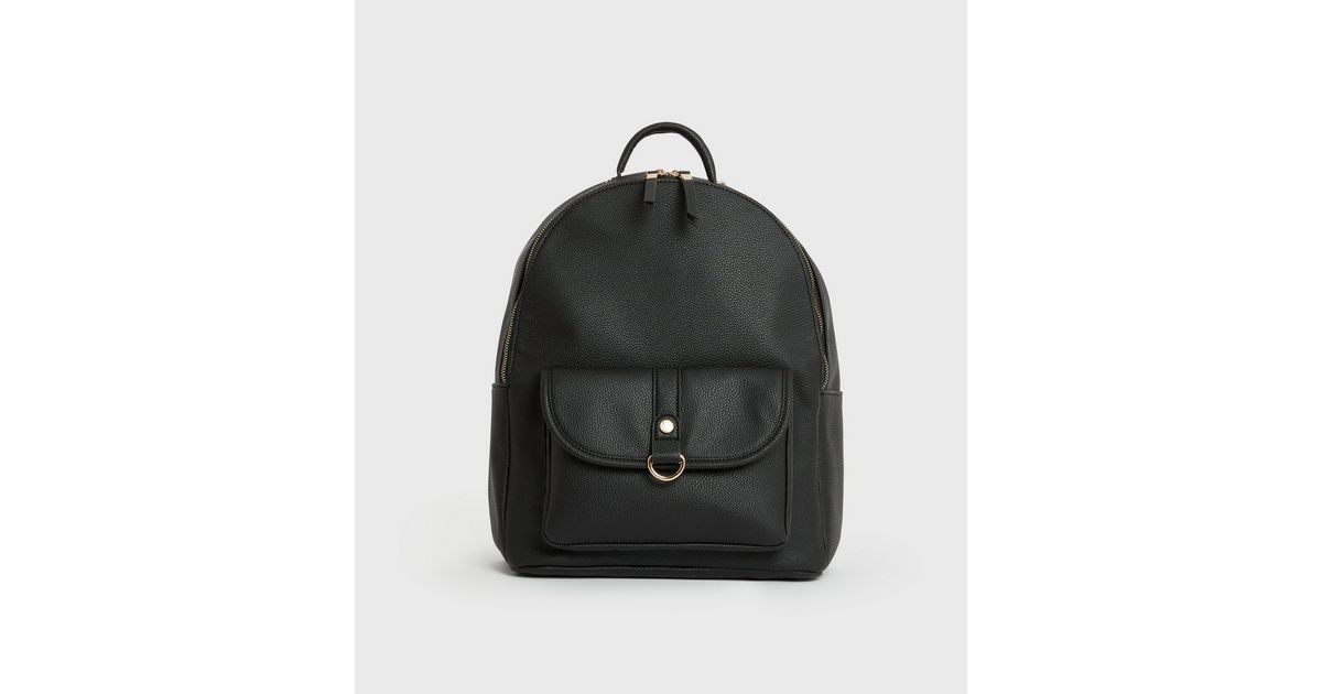 Black Leather-Look Ring Front Backpack | New Look