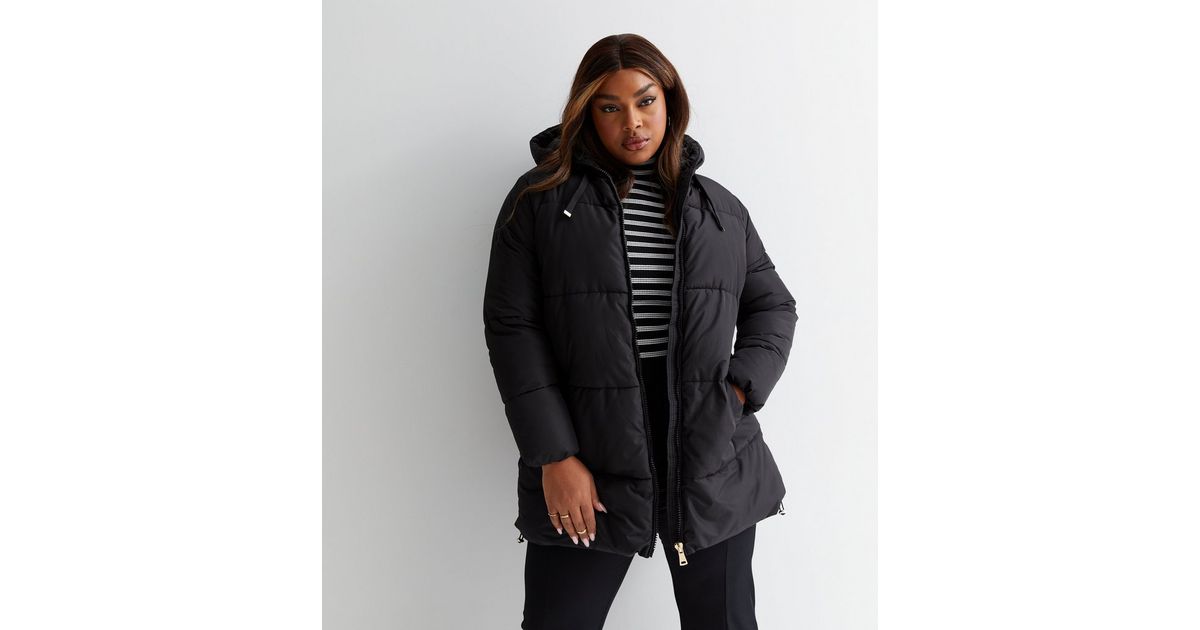 Curves Black Mid Length Hooded Puffer Jacket | New Look
