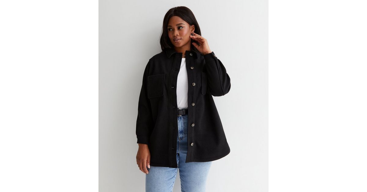 Curves Black Plain Double Pocket Shacket | New Look