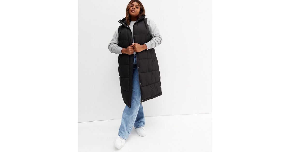 Curves Black Long Hooded Gilet | New Look