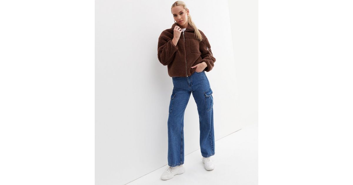 Dark Brown Borg Funnel Neck Zip Jacket | New Look