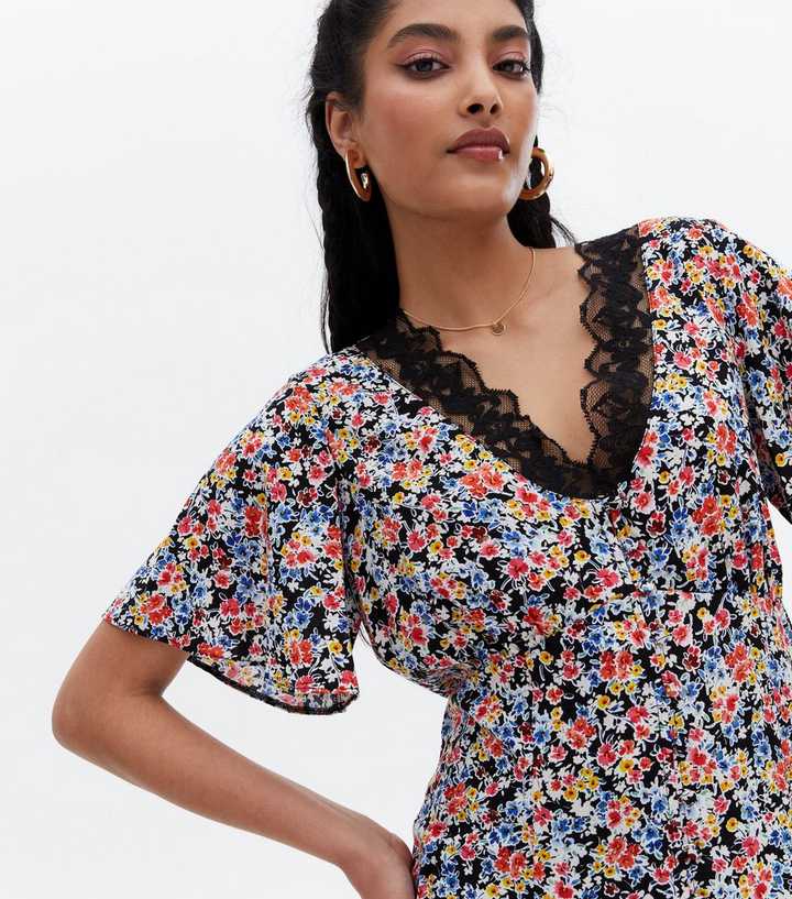 Black Ditsy Floral Lace Trim Tea Blouse | New Look