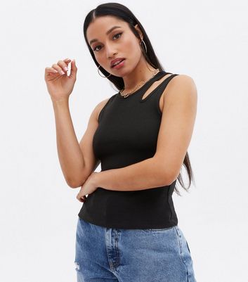 Petite Black Ribbed Cut Out Vest | New Look