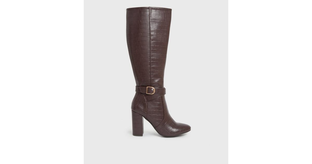 Rust Faux Croc Buckle Block Heel Knee High Boots | New Look