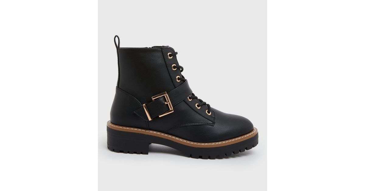 Girls Black Chunky Lace Up Buckle Biker Boots | New Look