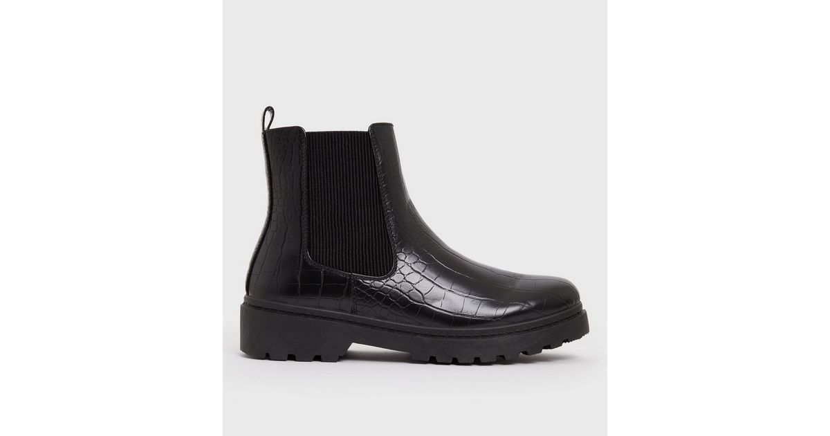 Girls Black Faux Croc Chunky Cleated Chelsea Boots | New Look