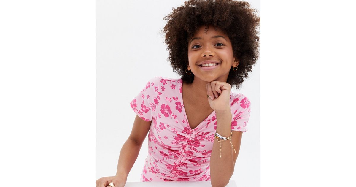 Girls Pink Floral Ruched Top | New Look