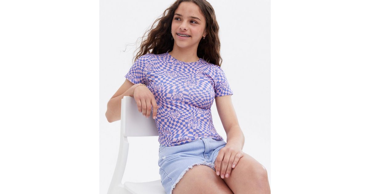 Girls Pink Butterfly Checkerboard T-Shirt | New Look