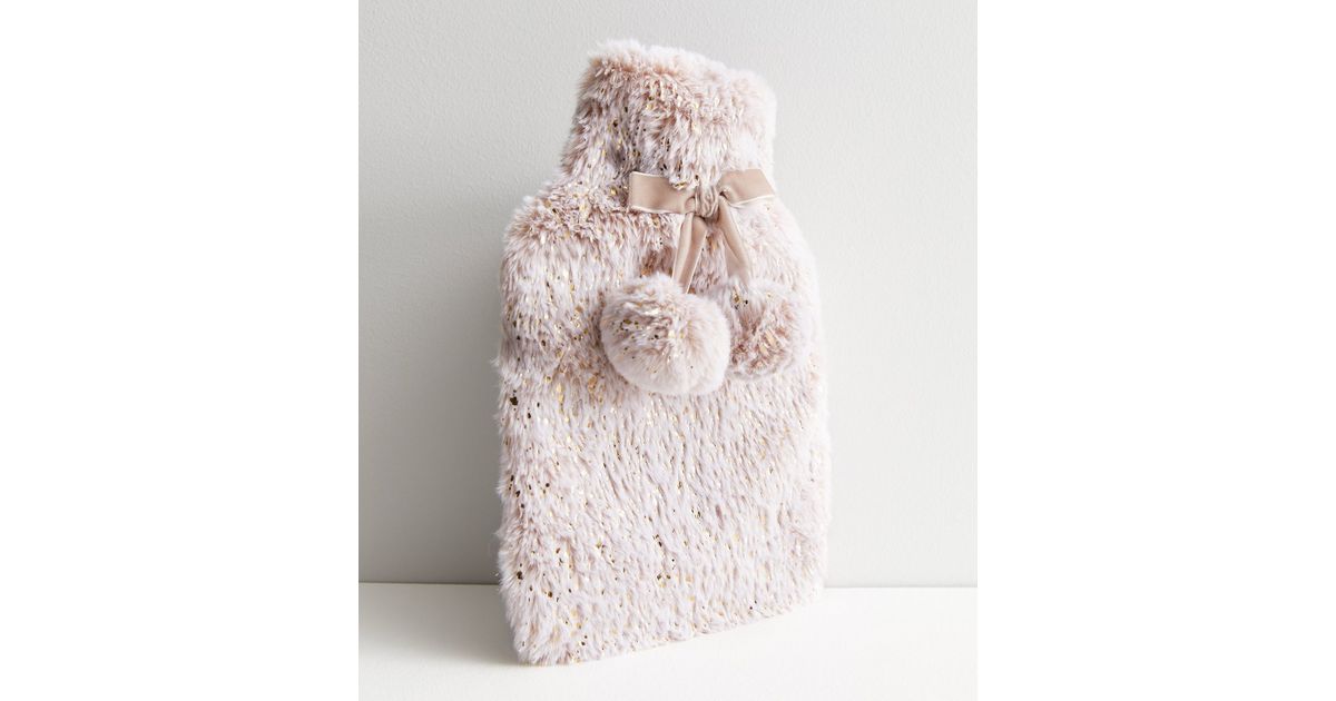 Pale Pink Faux Fur Pom Pom Hot Water Bottle | New Look