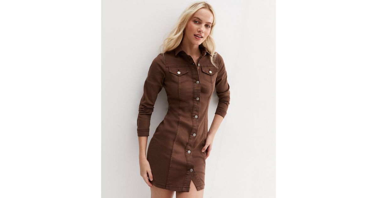 Dark Brown Denim Bodycon Mini Shirt Dress | New Look