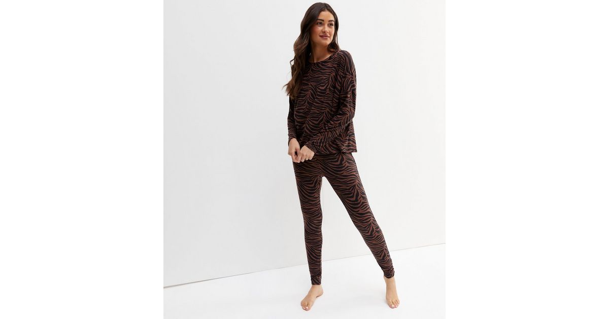 Brown Soft Touch Legging Pyjama Set With Zebra Print New Look