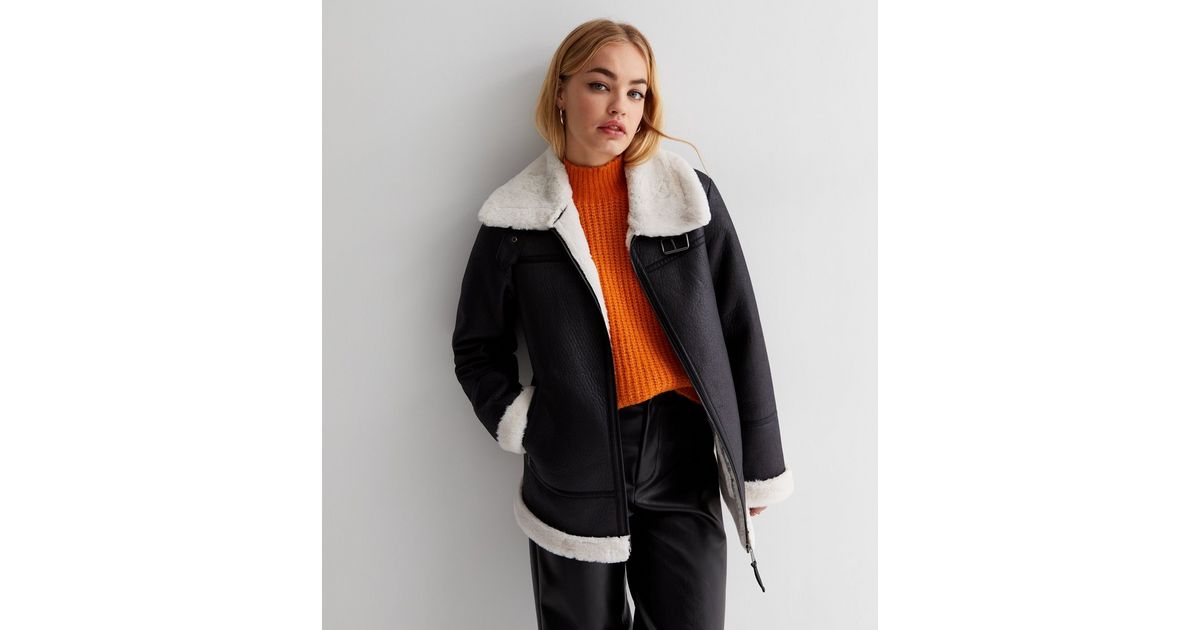 Black Leather Look Faux Fur Lined Aviator Jacket New Look