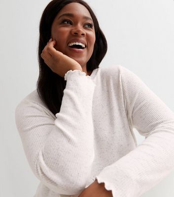 Curves Cream Ribbed Frill Long Sleeve Crew Neck Lounge Top | New Look