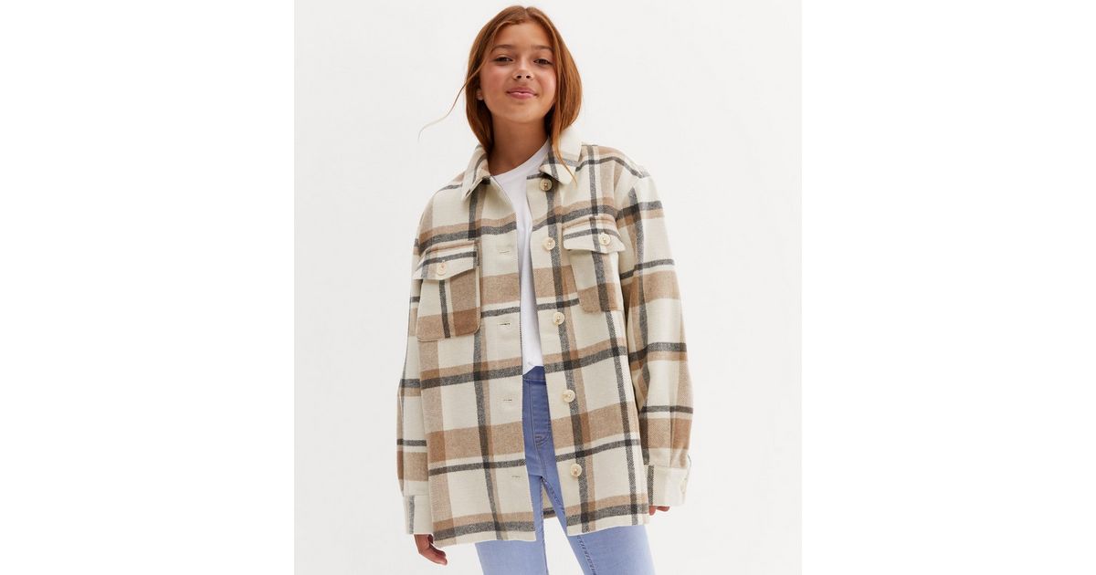 Girls Stone Check Double Pocket Shacket | New Look