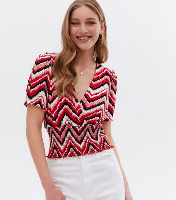 Red Zig Zag Shirred Hem Wrap Top | New Look