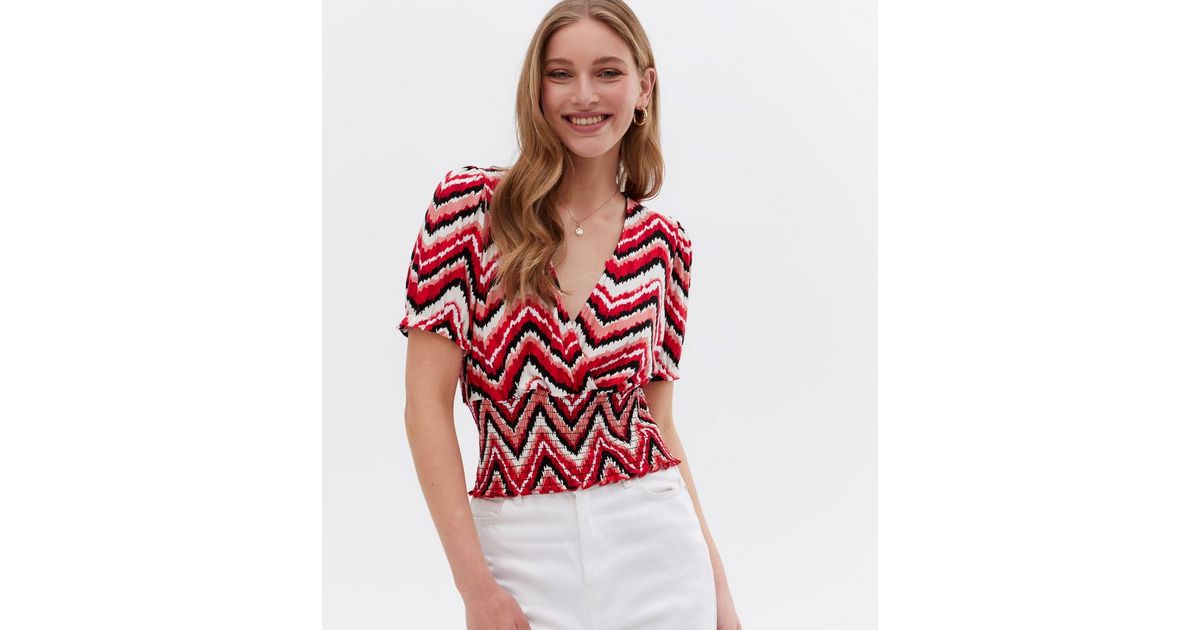 Red Zig Zag Shirred Hem Wrap Top | New Look