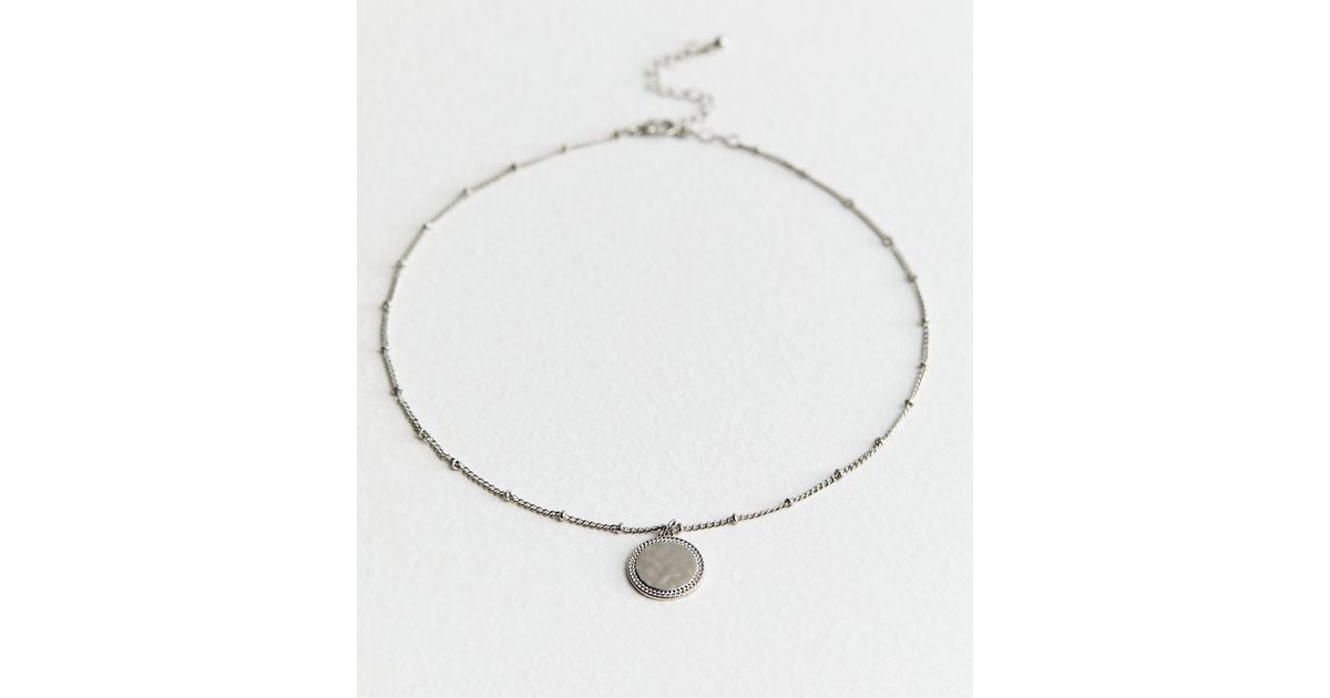 Silver Textured Circle Pendant Necklace | New Look