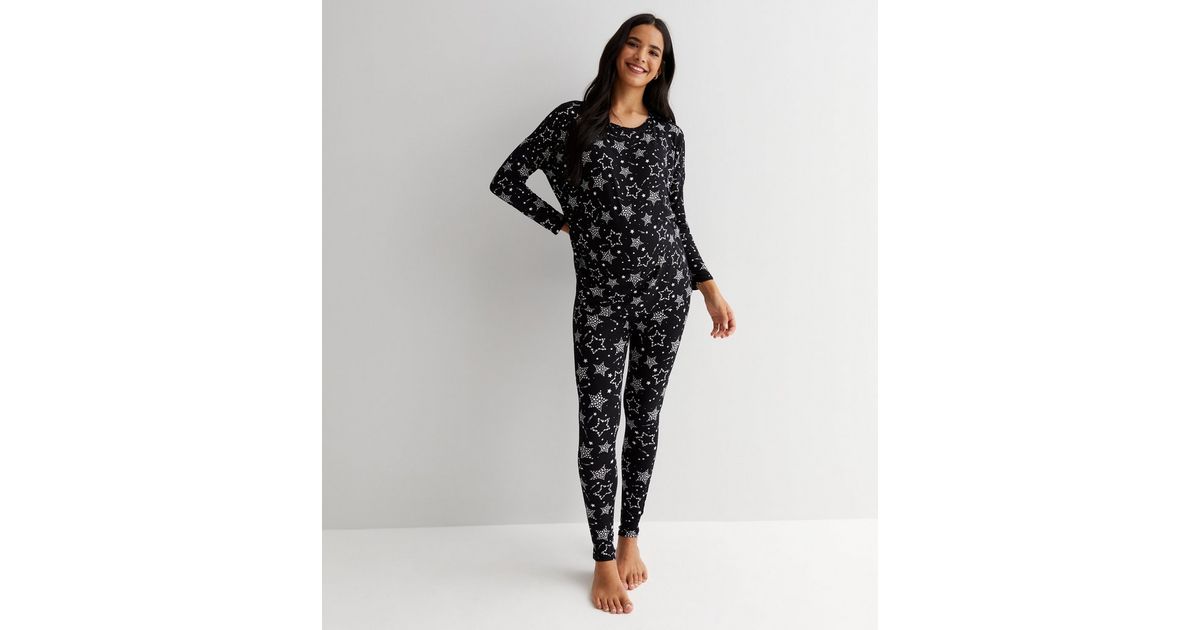 Maternity Black Soft Touch Legging Pyjama Set With Star Print New Look
